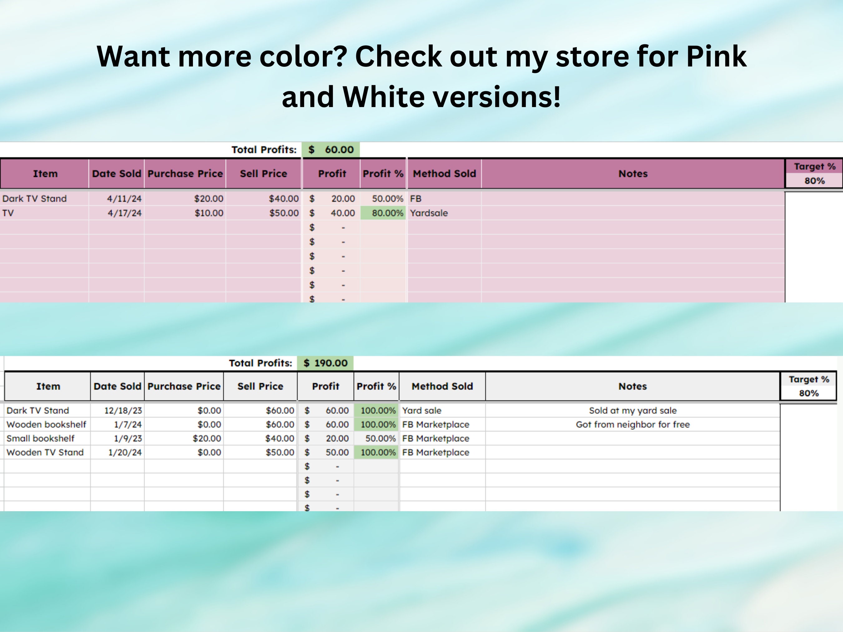 Blue Printable Spreadsheet Social Media Selling Google Sheet Yard Sale ...