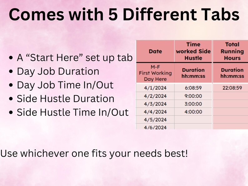 Work and Entrepreneur Time Tracker Google Sheets Side Hustle Day Job ...
