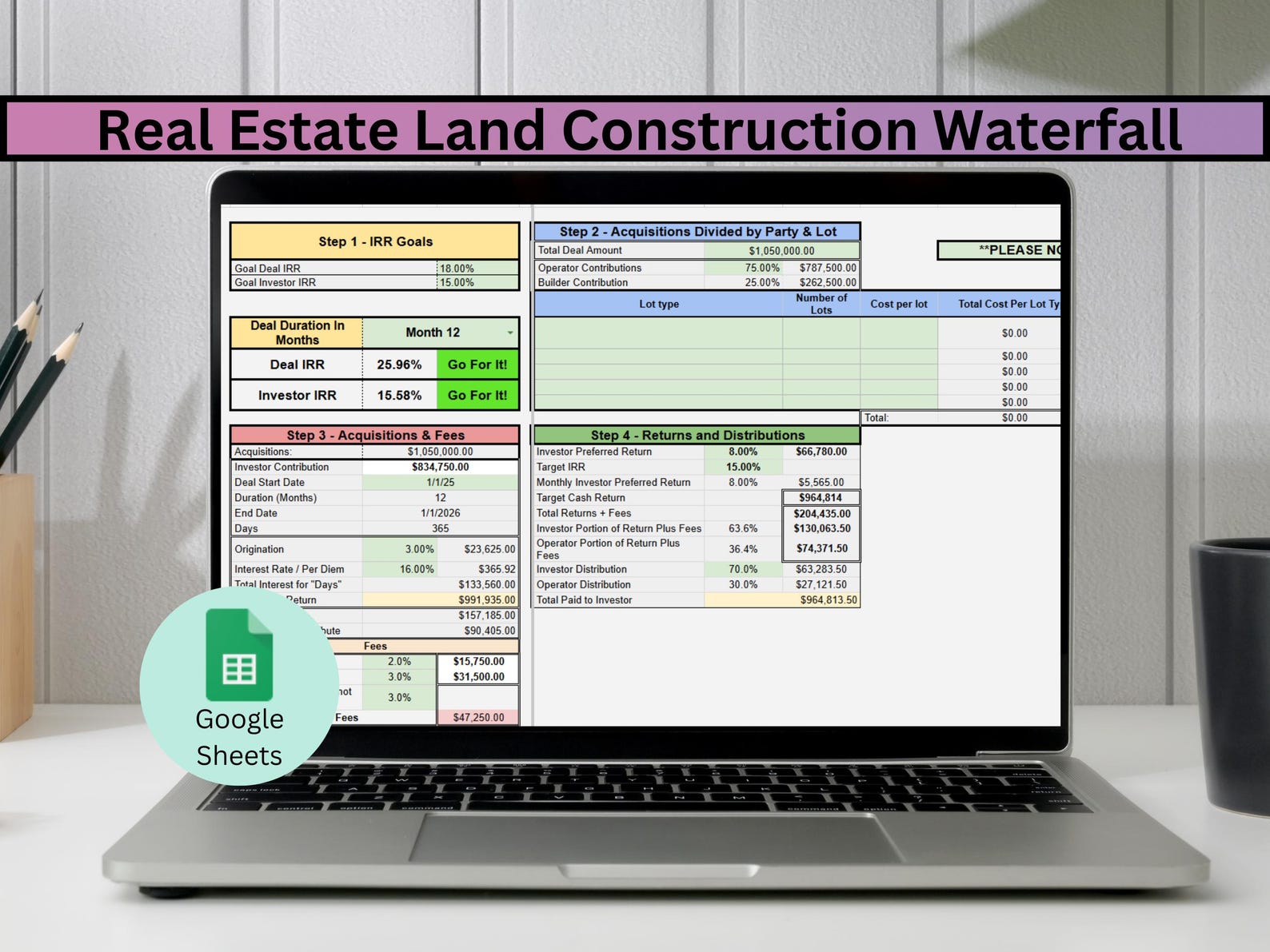 Real Estate Land Construction Waterfall Google Sheet Tracker Return on ...