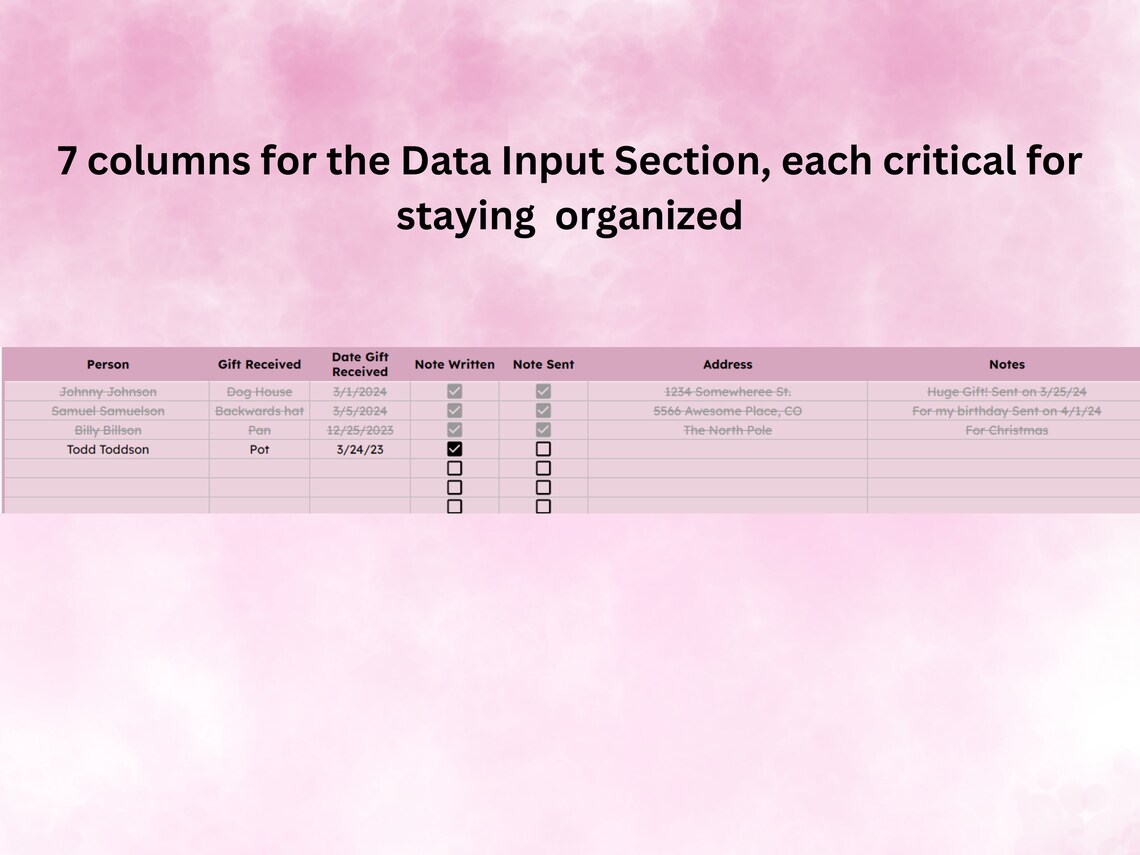 Pink Thank You Note Spreadsheet Gratitude Note Tracker Organized Letter ...