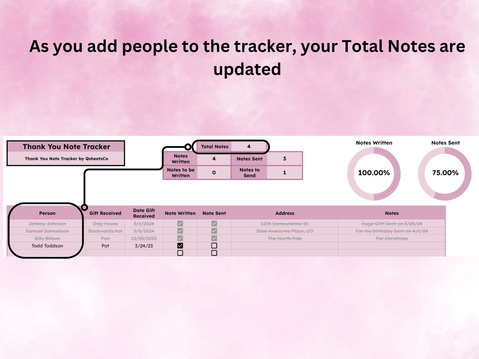 Pink Thank You Note Spreadsheet Gratitude Note Tracker Organized Letter ...
