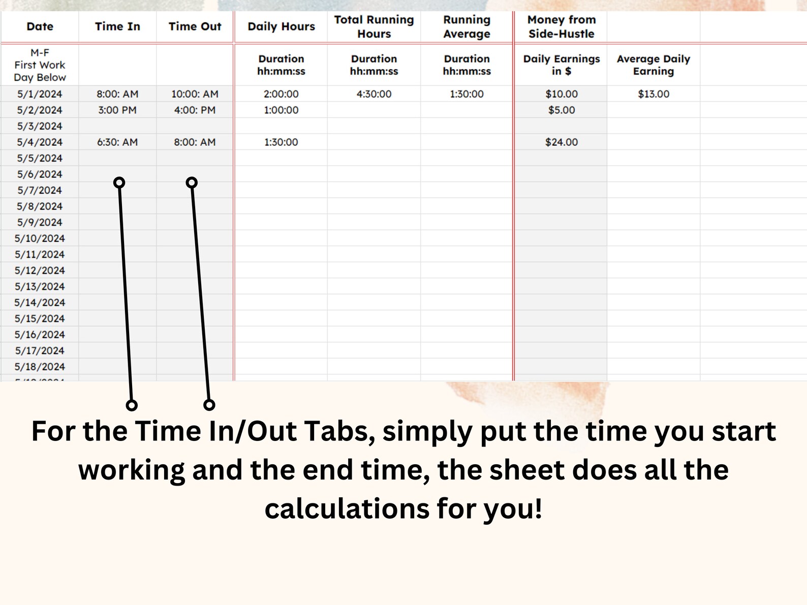 Time Tracker Spreadsheet Time in Time Out Google Sheets Side Hustle Day ...