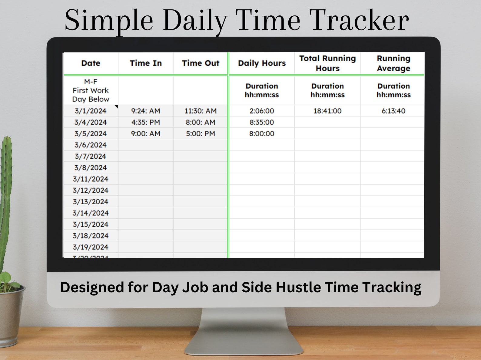 Time Tracker Spreadsheet Time in Time Out Google Sheets Side Hustle Day ...