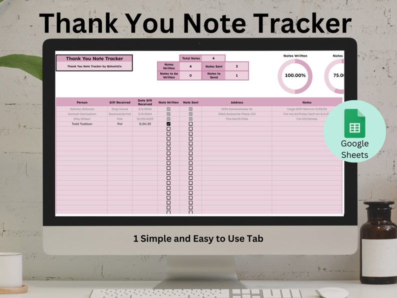 Pink Thank You Note Spreadsheet Gratitude Note Tracker Organized Letter ...