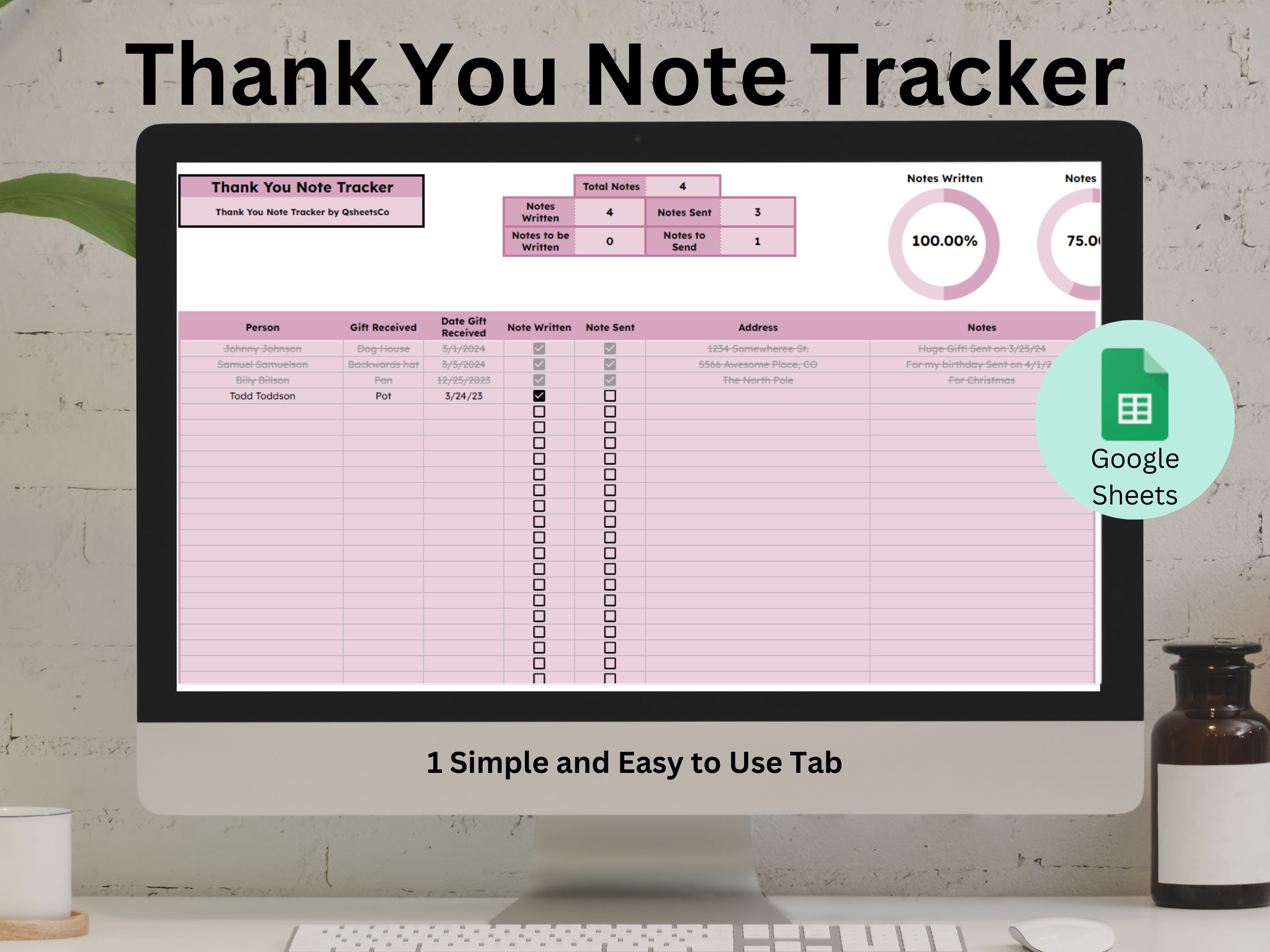 Pink Thank You Note Spreadsheet Gratitude Note Tracker Organized Letter ...
