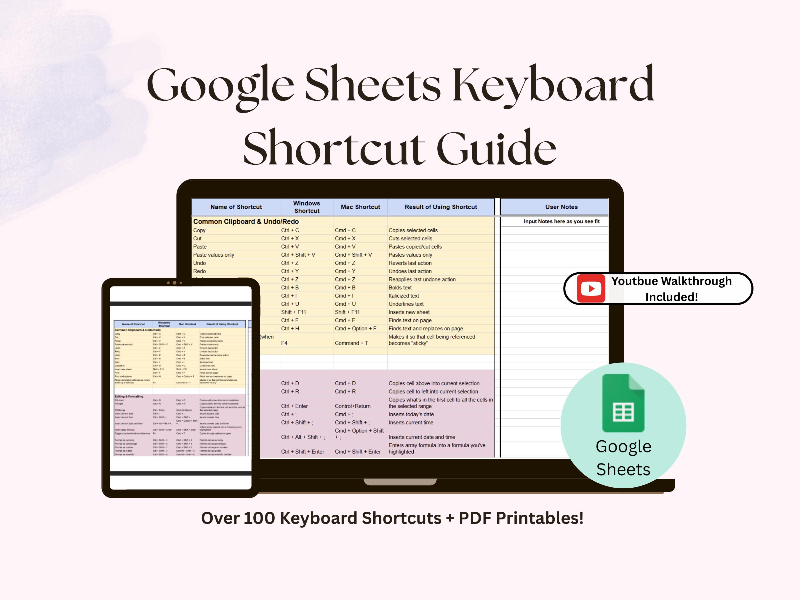 Google Sheets Keyboard Shortcut Guide Printable PDF and Editable ...