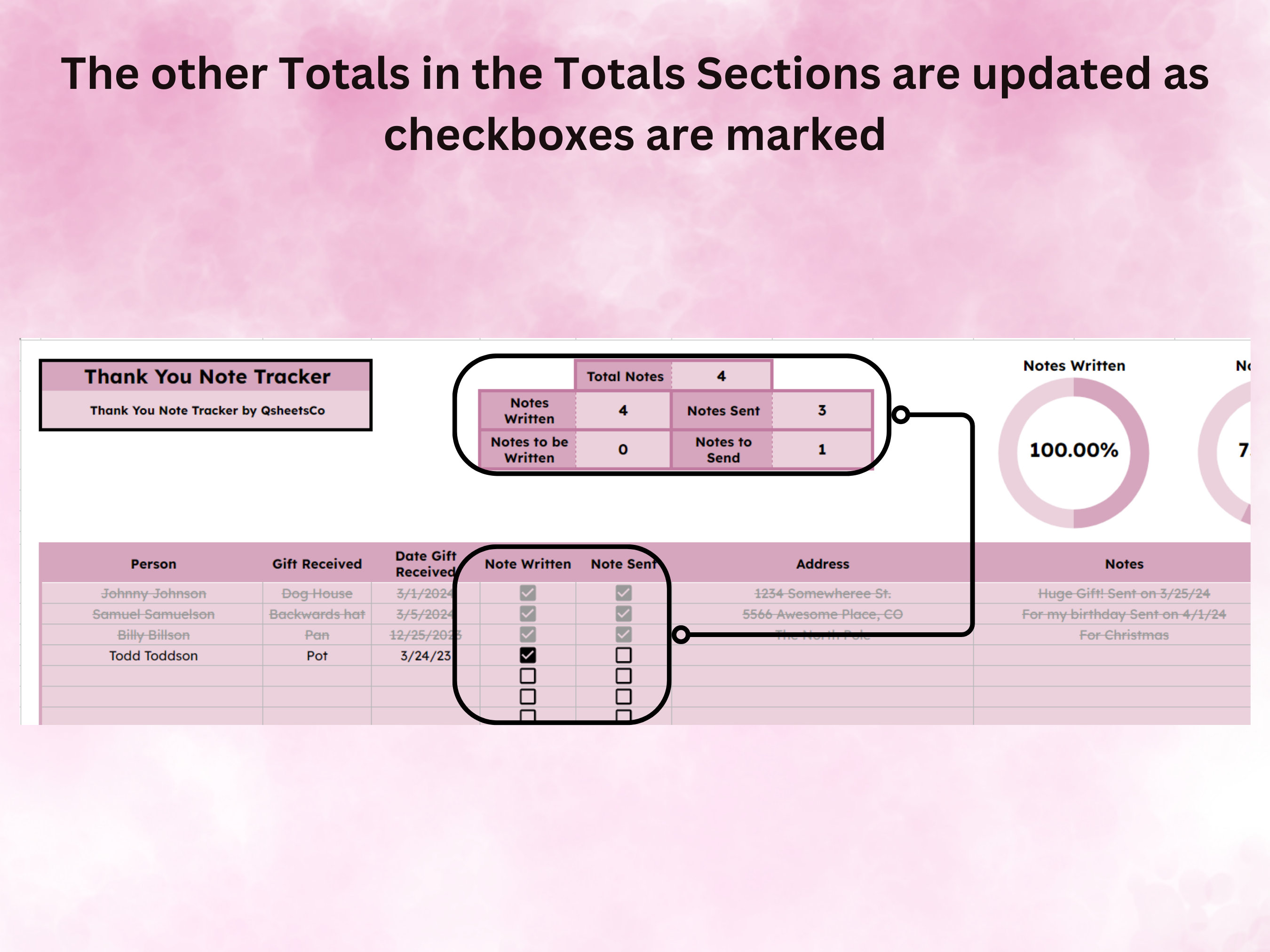 Pink Thank You Note Spreadsheet Gratitude Note Tracker Organized Letter ...