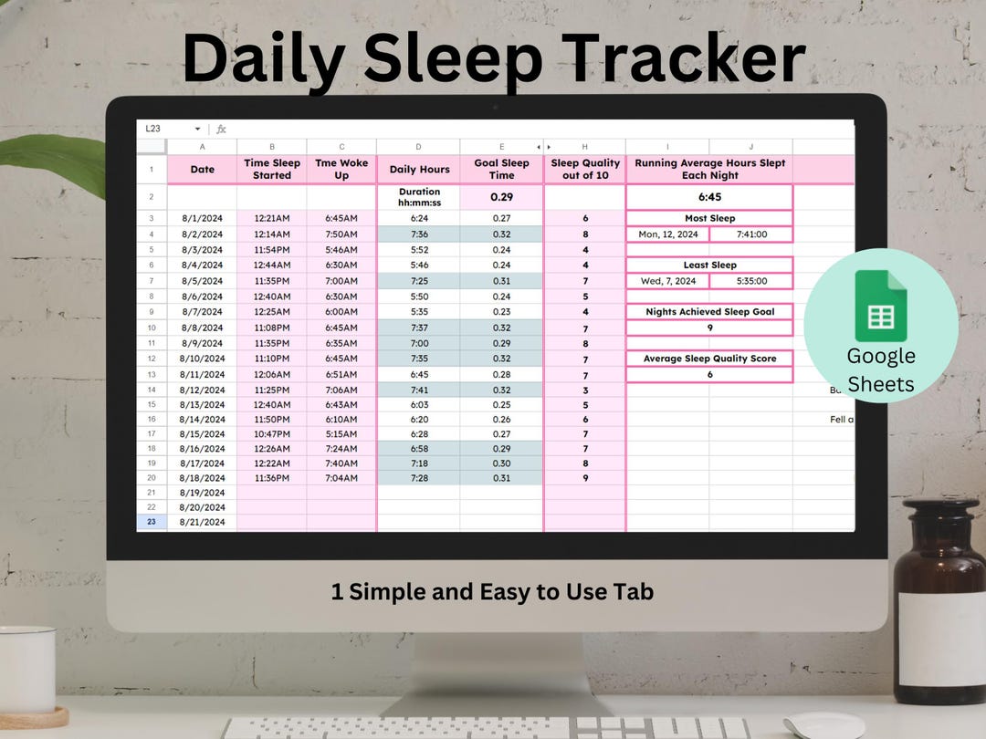 Pink Simple Daily Sleep Tracker | Asleep Timer | Sleep Score Tracker | Least Sleep in One Month ...