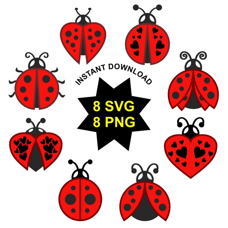 Ladybug Clipart Bundle SVG, PNG – 8 Cute Cartoon Ladybugs – Digital ...