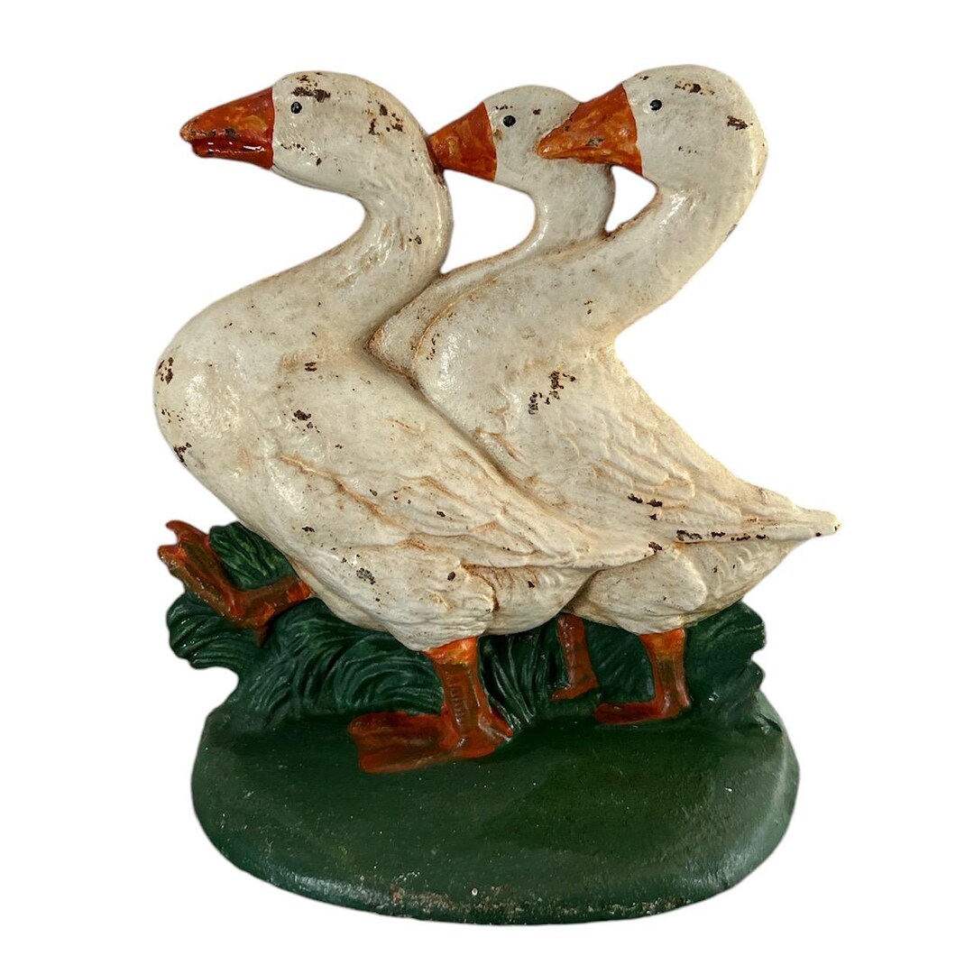 Vintage 3 White Geese Door Stop Cast Iron Painted White & Green Goose ...