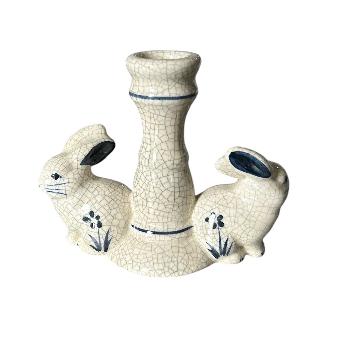 Signed Blue Dedham Pottery Bunny Rabbit Candlestick Holder by the ...