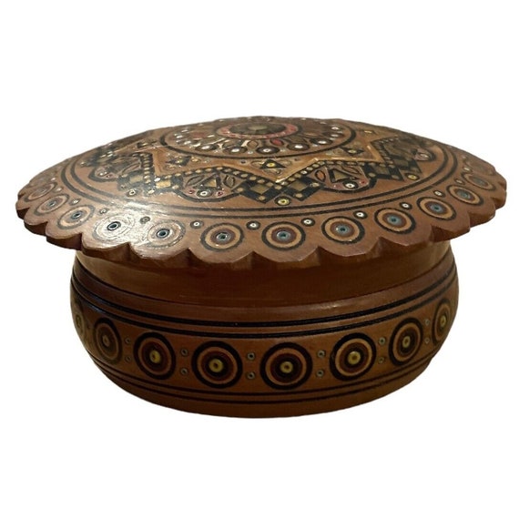 Vintage Russian Inlaid Wooden Round Trinket Box - Gem