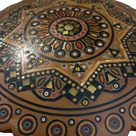 Vintage Russian Inlaid Wooden Round Trinket Box - Gem