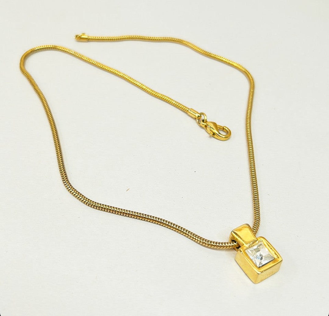1970s Gold Omega Style Chain Necklace With Square Crystal Pendant. - Etsy