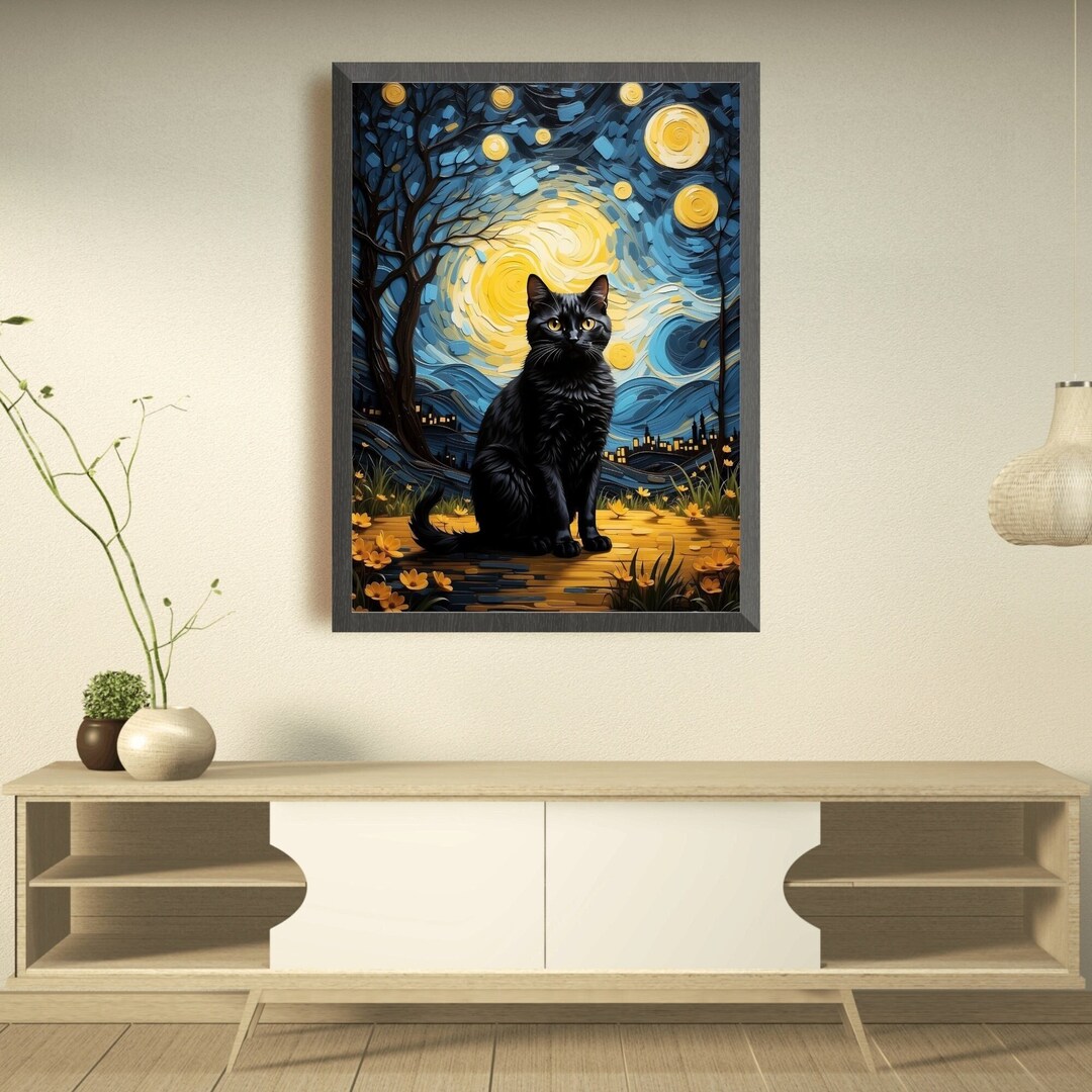 Vincent Van Gogh Starry Night Cat Print, Funny Black Cat Art Poster ...