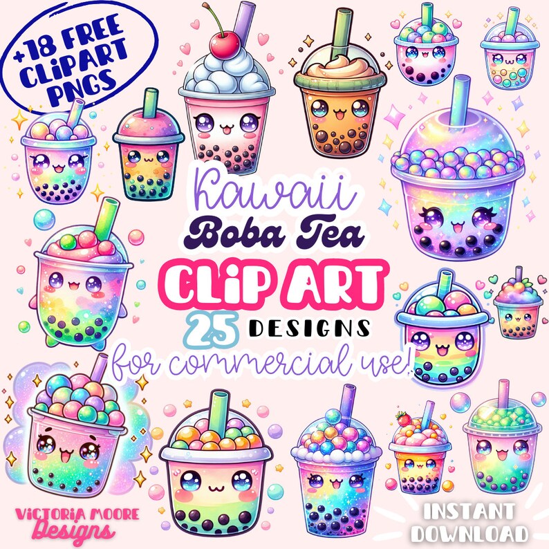 Boba Tea Clipart Kawaii Clipart Bundle 25 Bubble Tea Graphics for ...