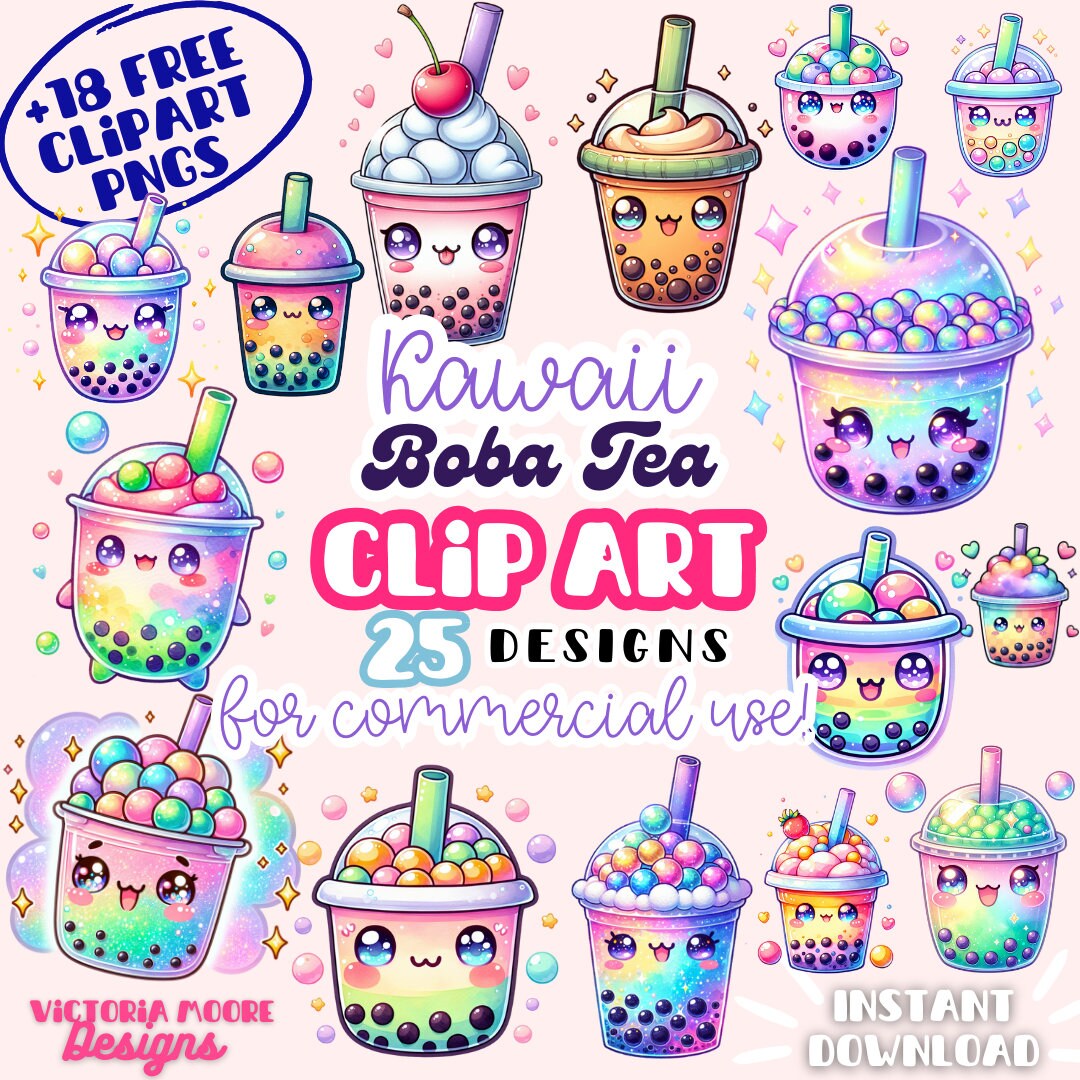 Boba Tea Clipart Kawaii Clipart Bundle 25 Bubble Tea Graphics for ...