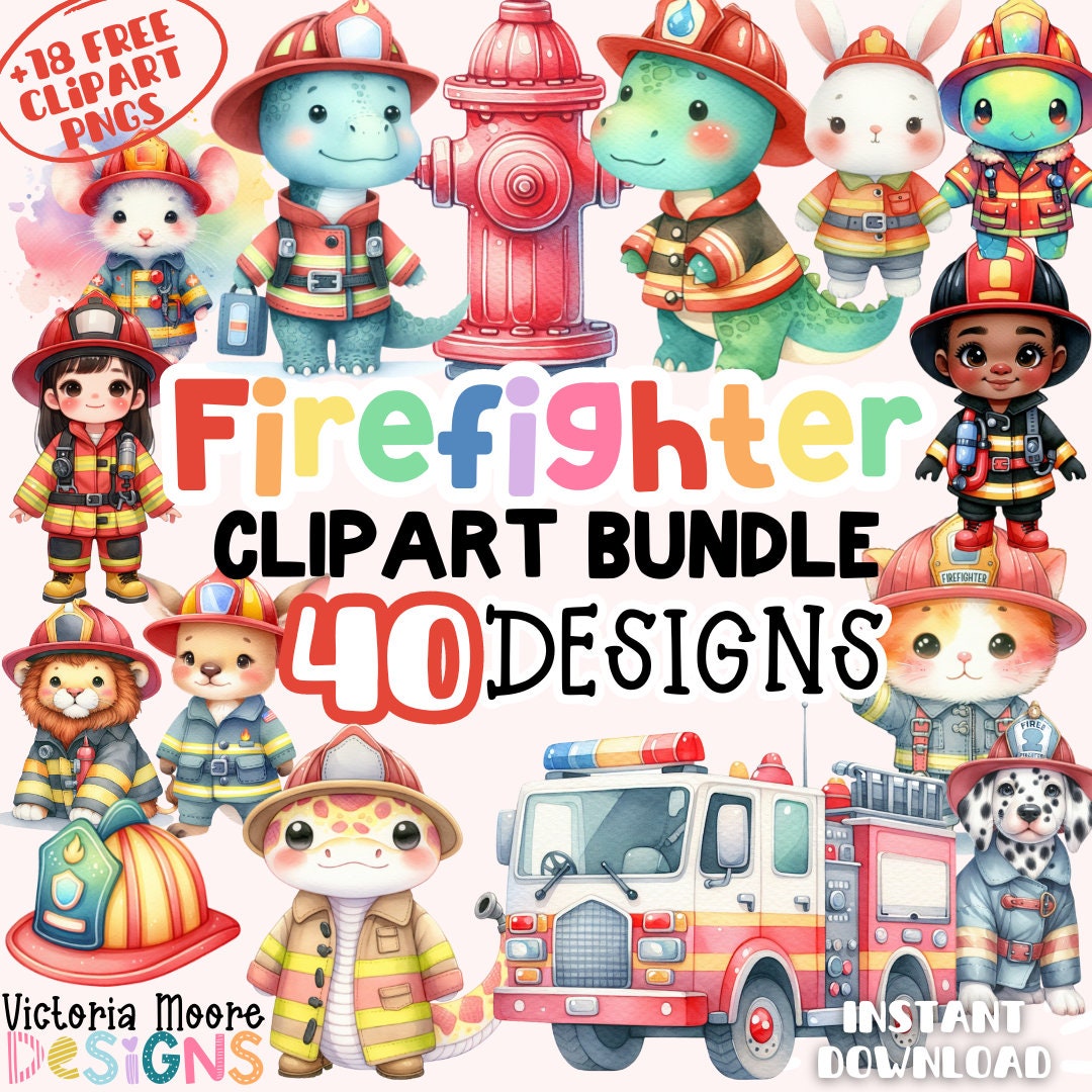 Firefighter Clipart Cute Kids Firefighter PNG Bundle of Clipart Files ...