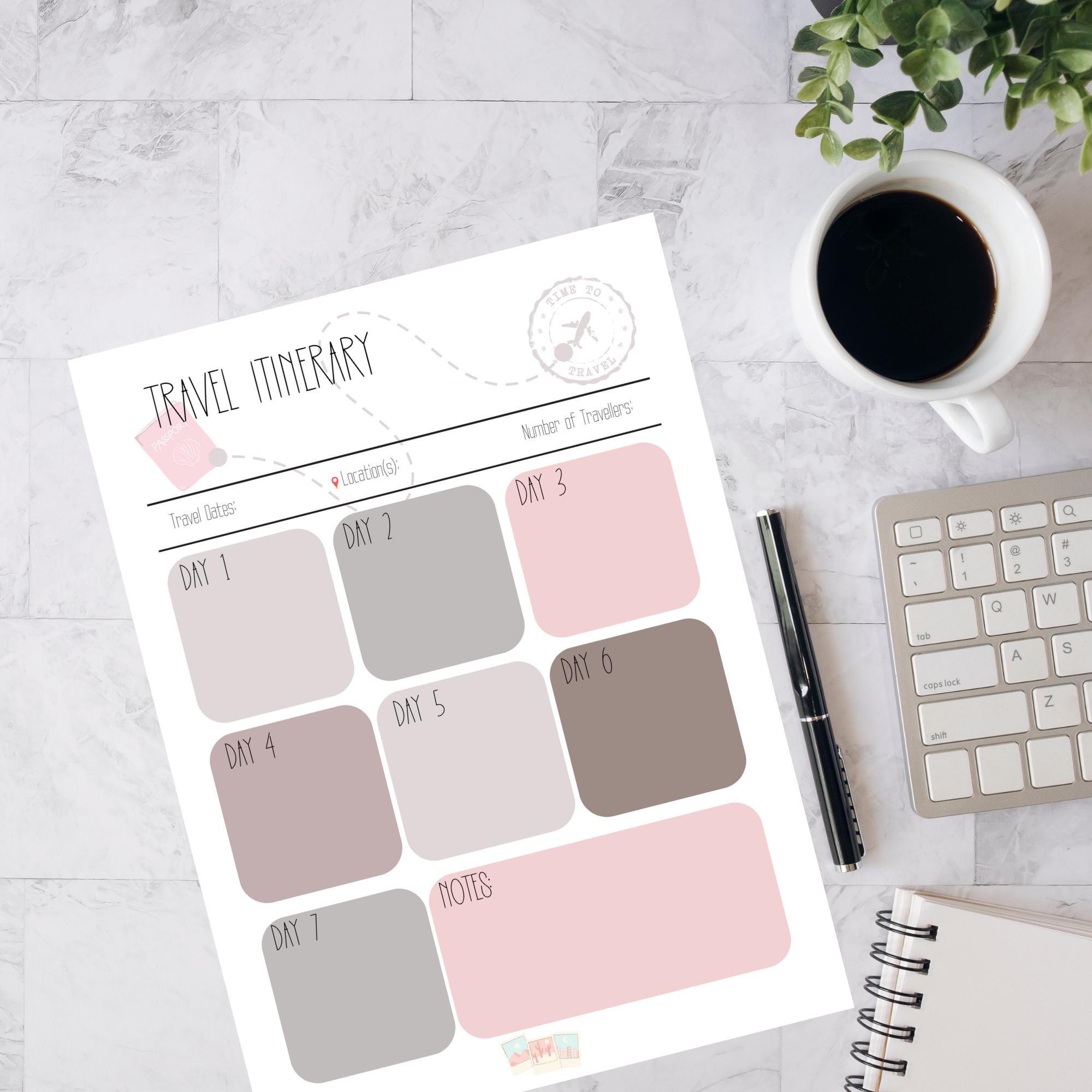 7-day Travel Itinerary Printable, Weekly Travel Planner, Simple Travel ...