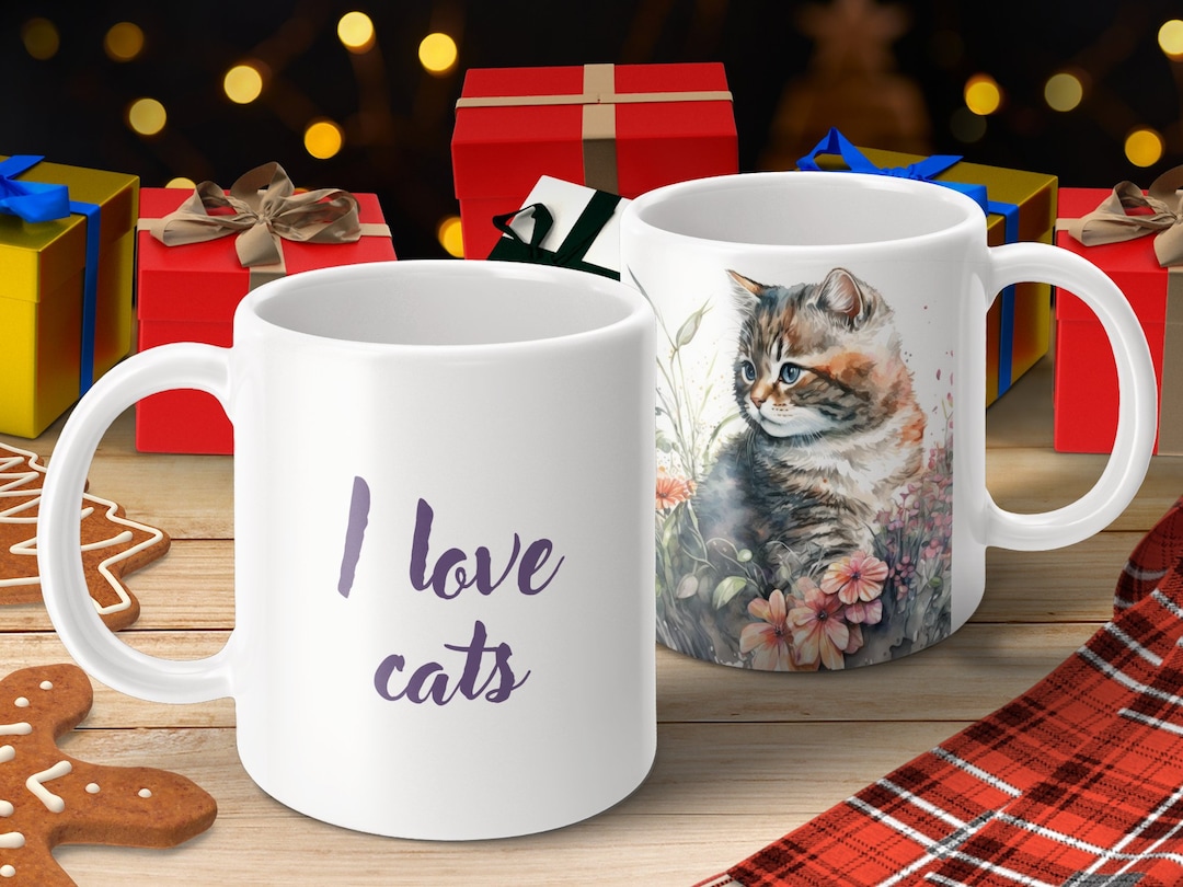 I Love Cats Mug With Flowers, I Love Cats Mug, Funny Cat Lover Coffee ...