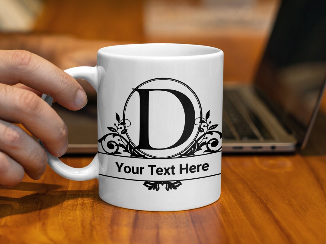 Personalized Monogram D Mug, Custom Text Coffee Cup, Elegant Floral ...