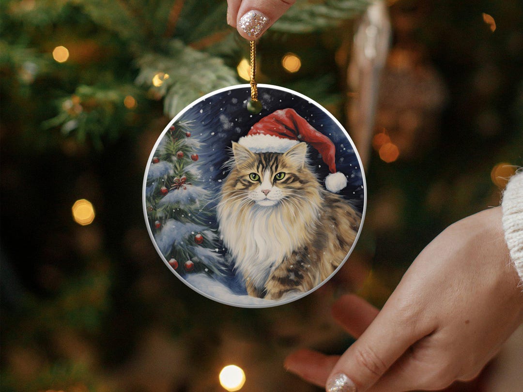 Norwegian Forest Christmas Cat Ornament, Holiday Decor, Festive Cat Art ...