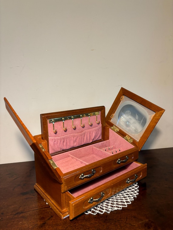 VTG Jewelry Box Wooden with Etched Glass Doors 2 Opti… - Gem