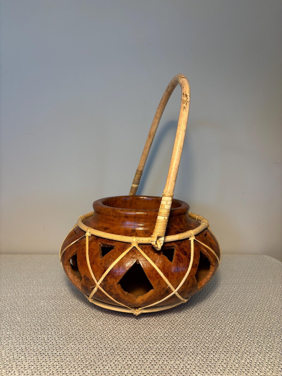 VTG Clay Pot Lantern With Rattan Handle Handcrafted Triangle and ...