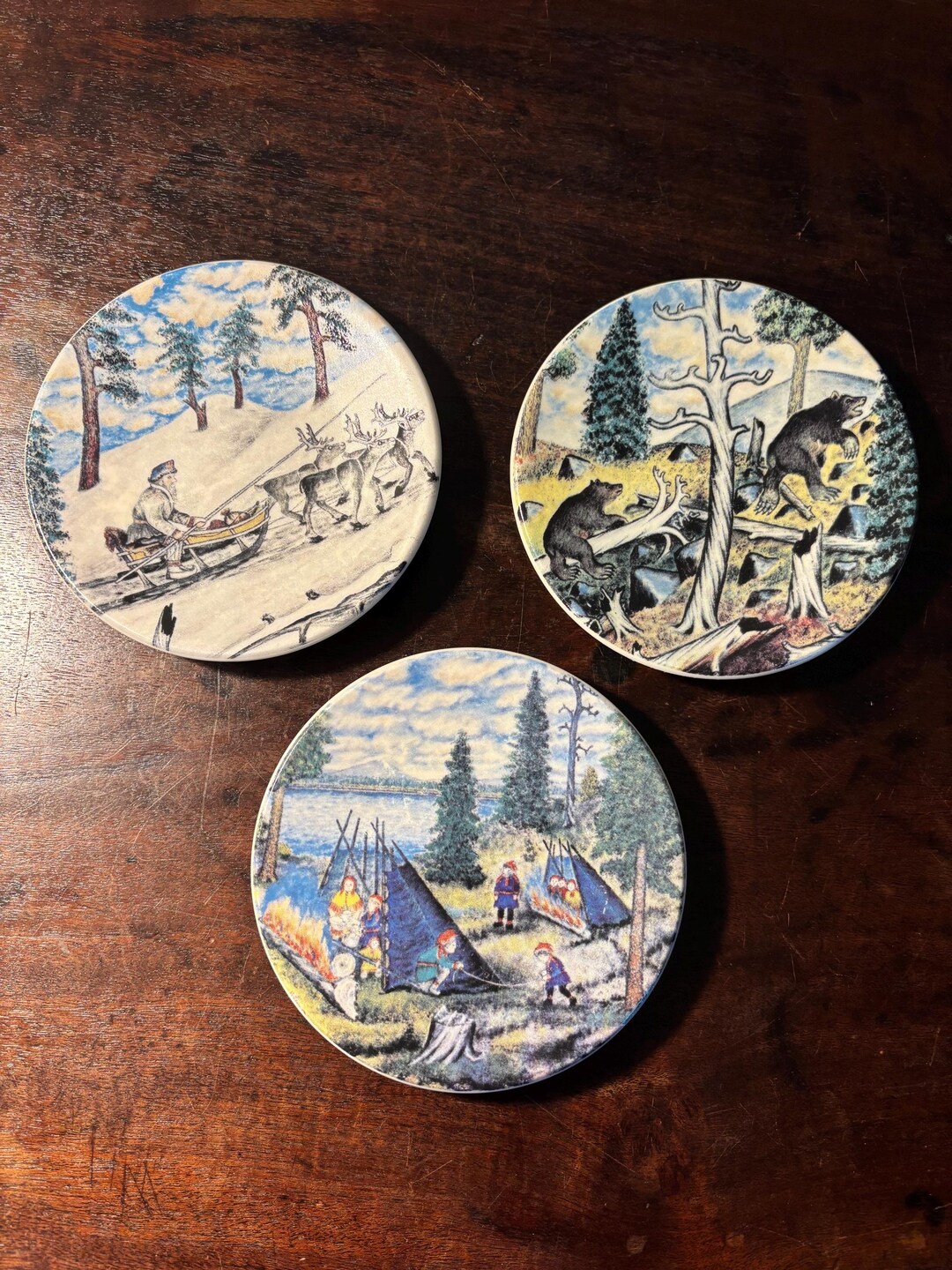 3pc Arabia Finland Alariesto Small Wall Plate Set Reindeer Team Bears ...