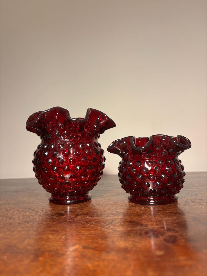 Fenton Ruby Red Hobnail Vase Set, Ruffled Rim Art Glass - Etsy