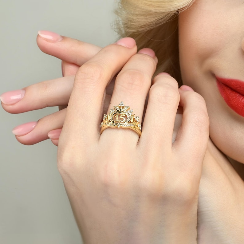 Quinceañera Crown Band Ring 14K Gold, 15 Años Sweet 15 Ring, 10K 14K ...