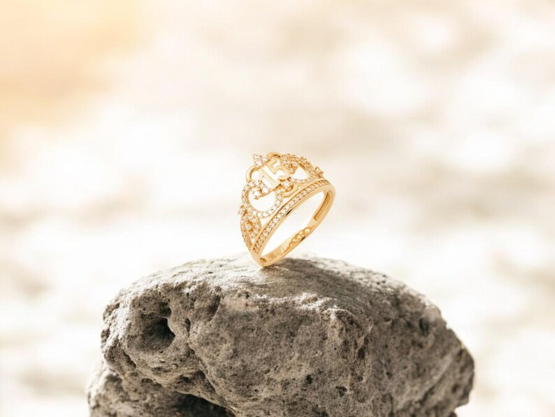 Quinceañera Crown Ring 14K Gold, 15 Años Solid Gold Sweet 15 Ring ...