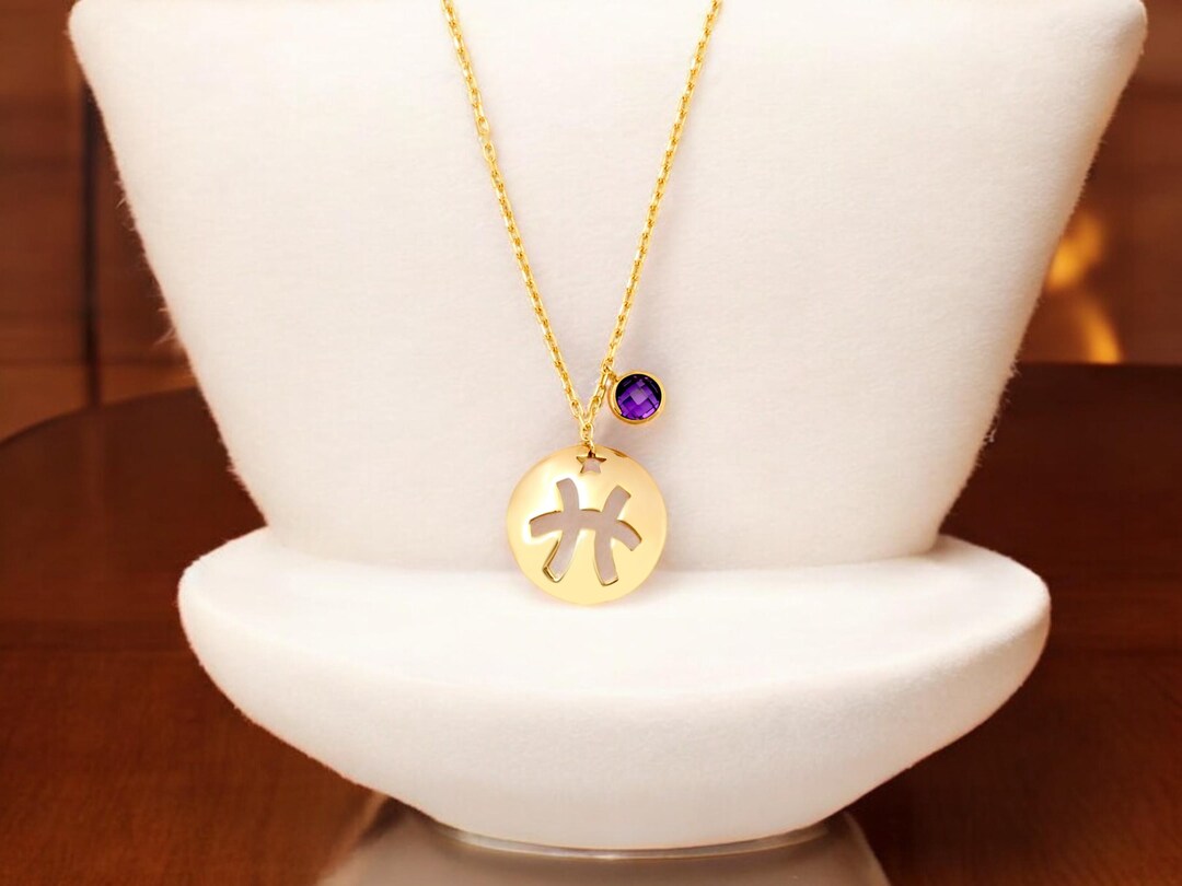 Pisces Zodiac Necklace in 14K Gold With Amethyst Birthstone ...