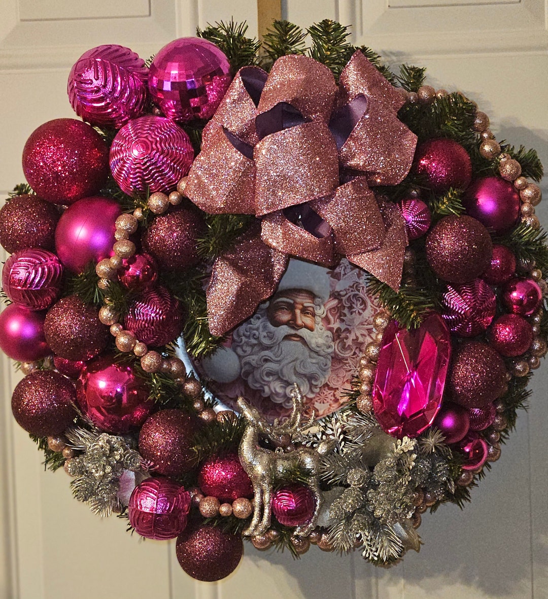 Fuschia and Pink Jewel Christmas Wreath Featuring a Black Santa Inset ...