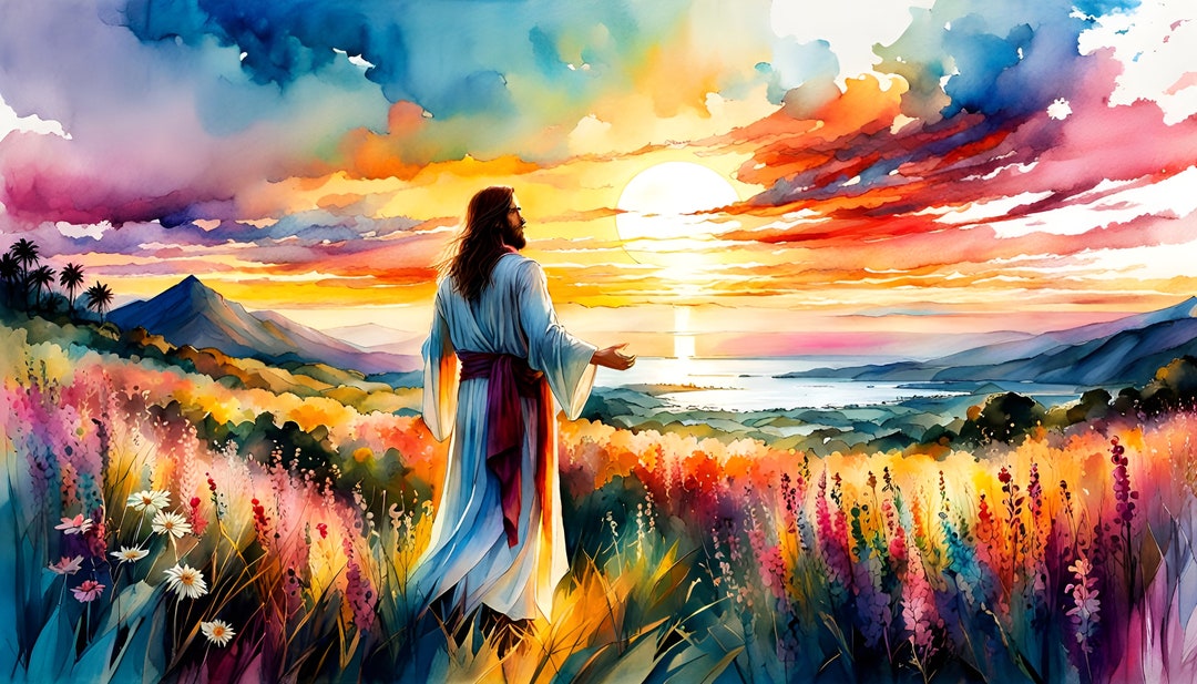 Jesus Art Jesus Painting With Wild Flowers Landscape Digital - Etsy