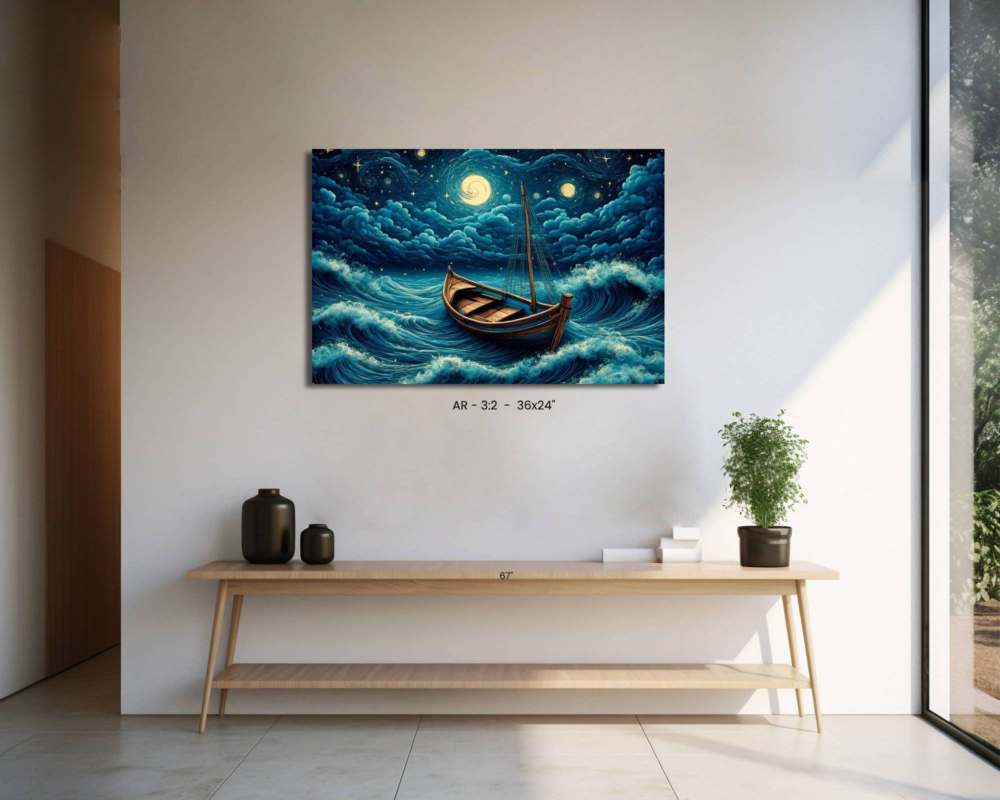 Boats Wall Art, Starry Night Sky Boats Waves Water Digital Printable ...