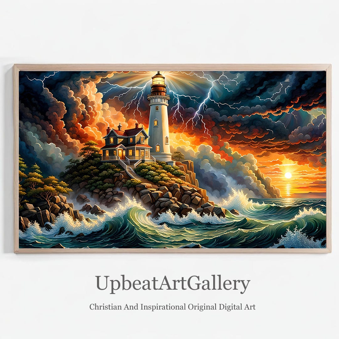 Coastal Beacon in Tempest Sunset Lighthouse Digital Artwork, Coastal ...