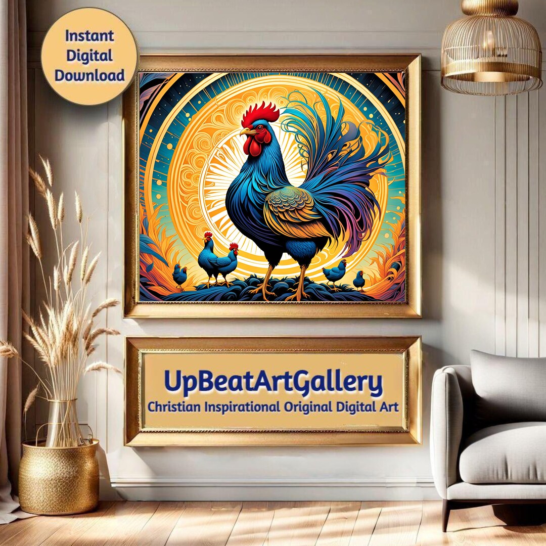 Vivid Digital Rooster Art With Stylized Sun Motif, Intricate Feather ...