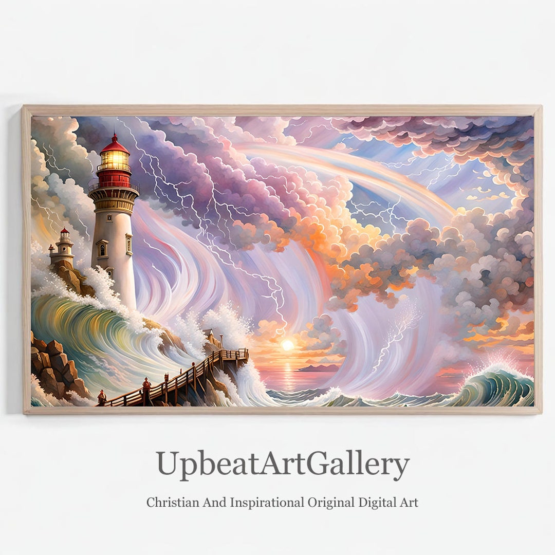 Digital Lighthouse Storm Art, Nautical Ocean Waves Wall Decor, Vibrant ...