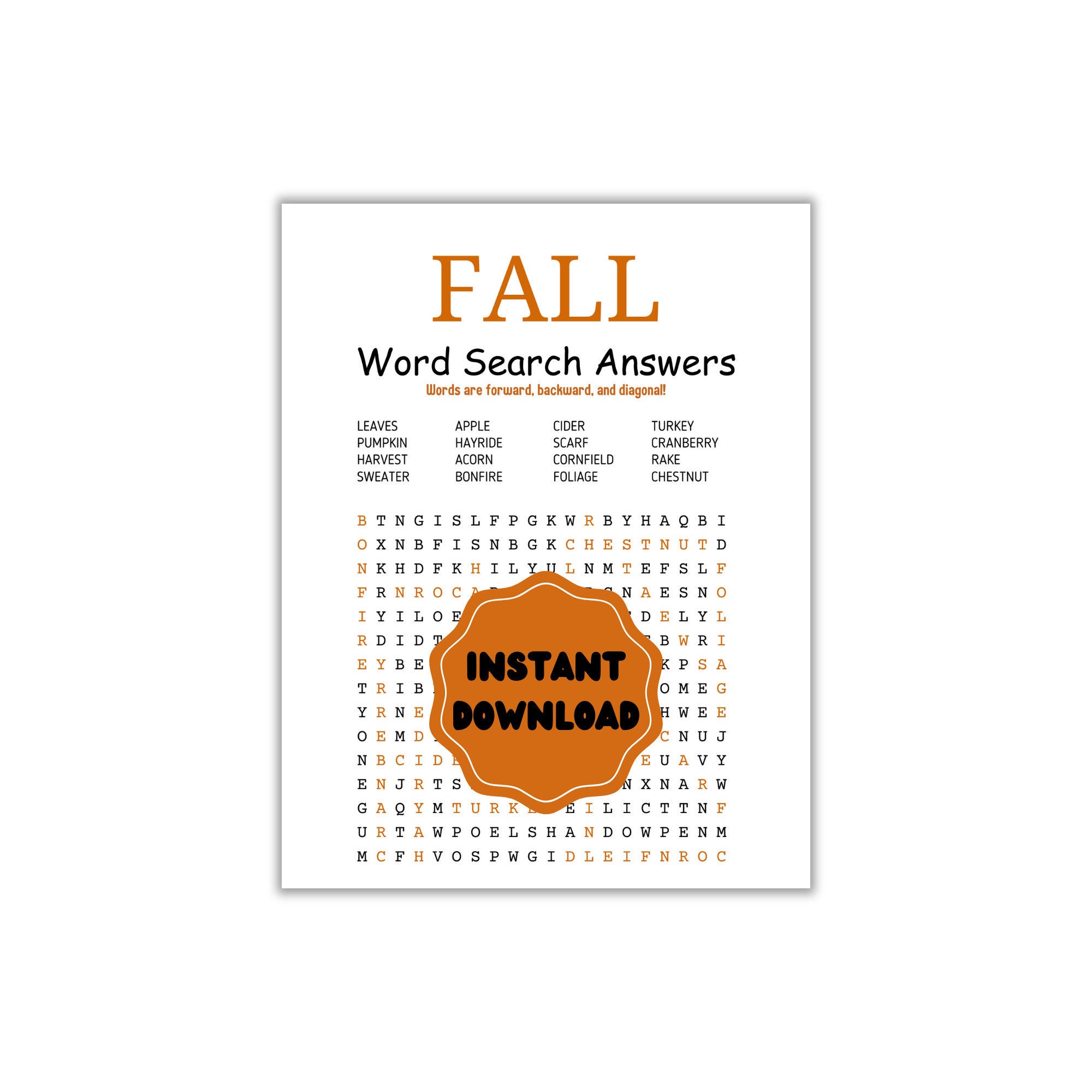 Printable Fall Word Search Puzzle Classroom Activity Instant - Etsy