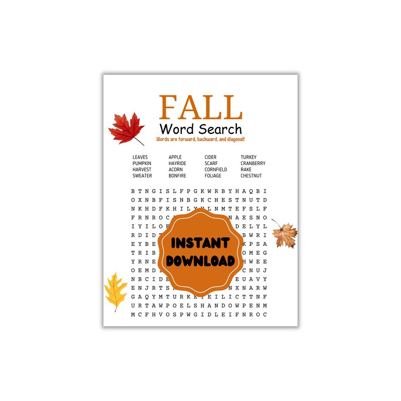 Printable Fall Word Search Puzzle Classroom Activity Instant - Etsy