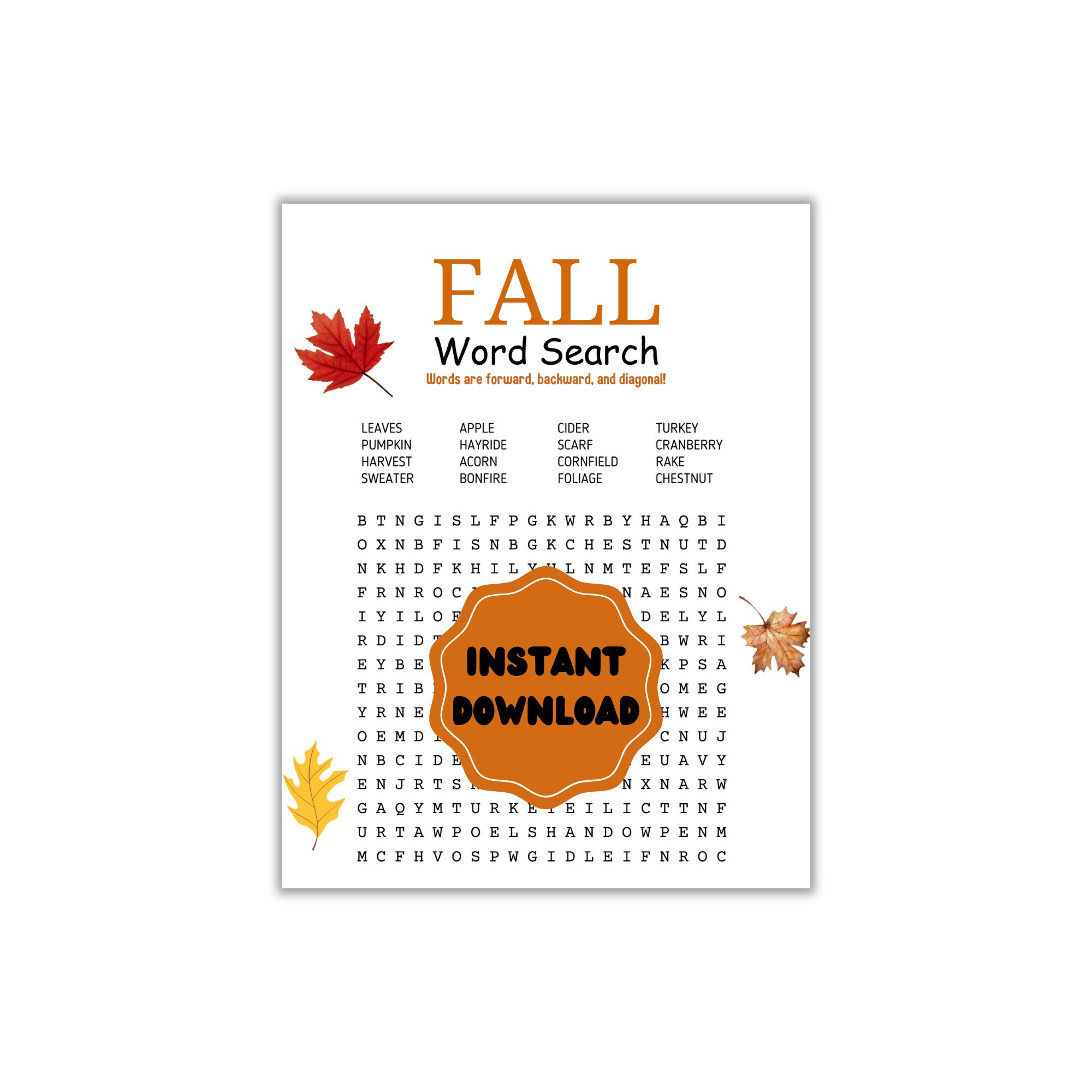 Printable Fall Word Search Puzzle Classroom Activity Instant - Etsy