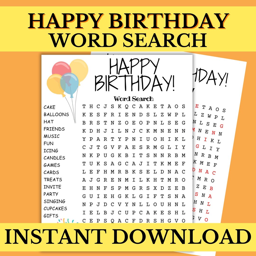 Printable Happy Birthday Word Search Puzzle, Birthday Party Favor ...