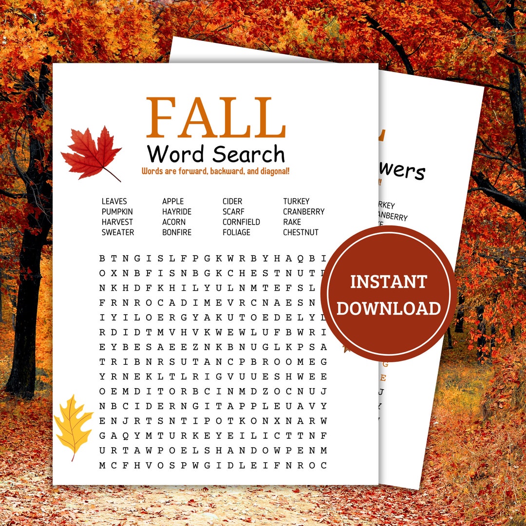 Printable Fall Word Search Puzzle, Classroom Activity, Instant Download ...