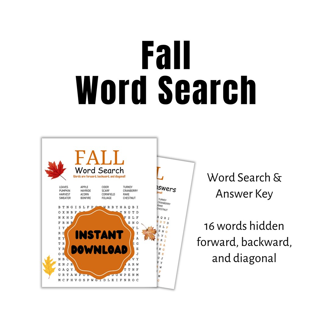 Printable Fall Word Search Puzzle Classroom Activity Instant - Etsy