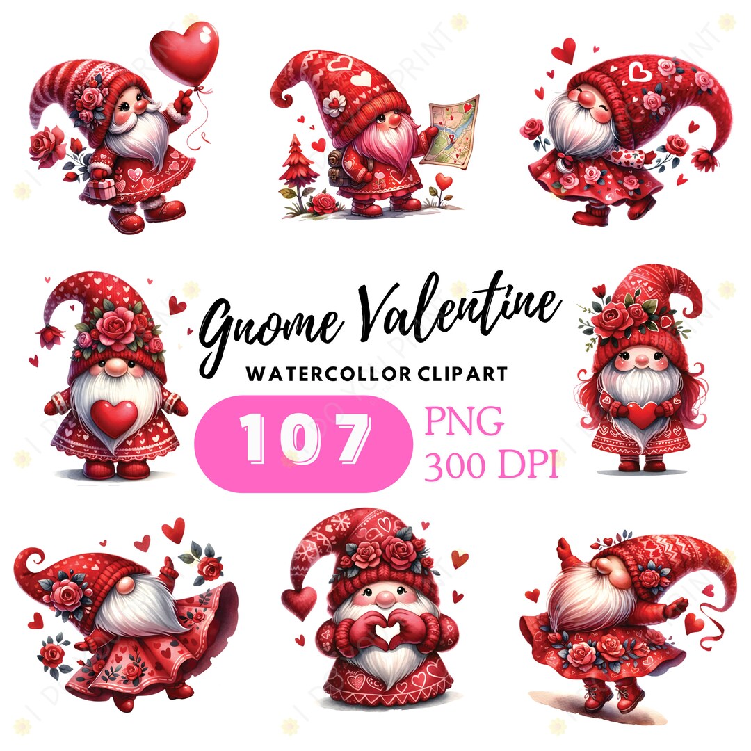 Watercolor Valentines Gnomes Clipart, 107 PNG Festive Gnomes Clipart ...