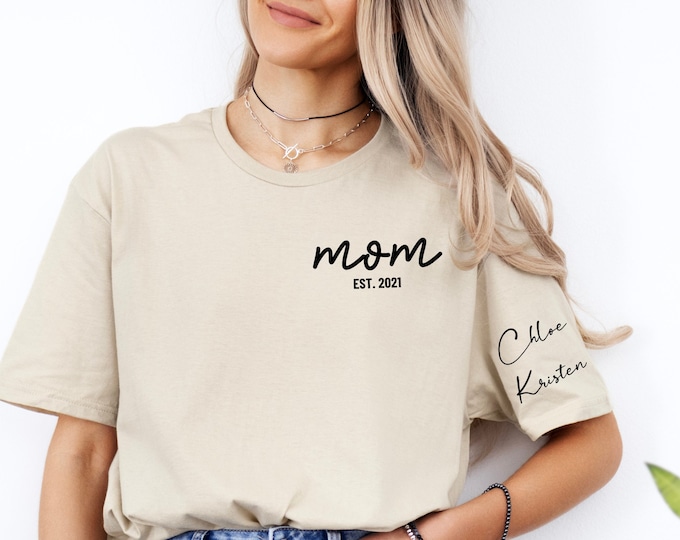 Personalized Mom Est With Kids Names and Heart on Sleeve Shirt, Mom Est ...