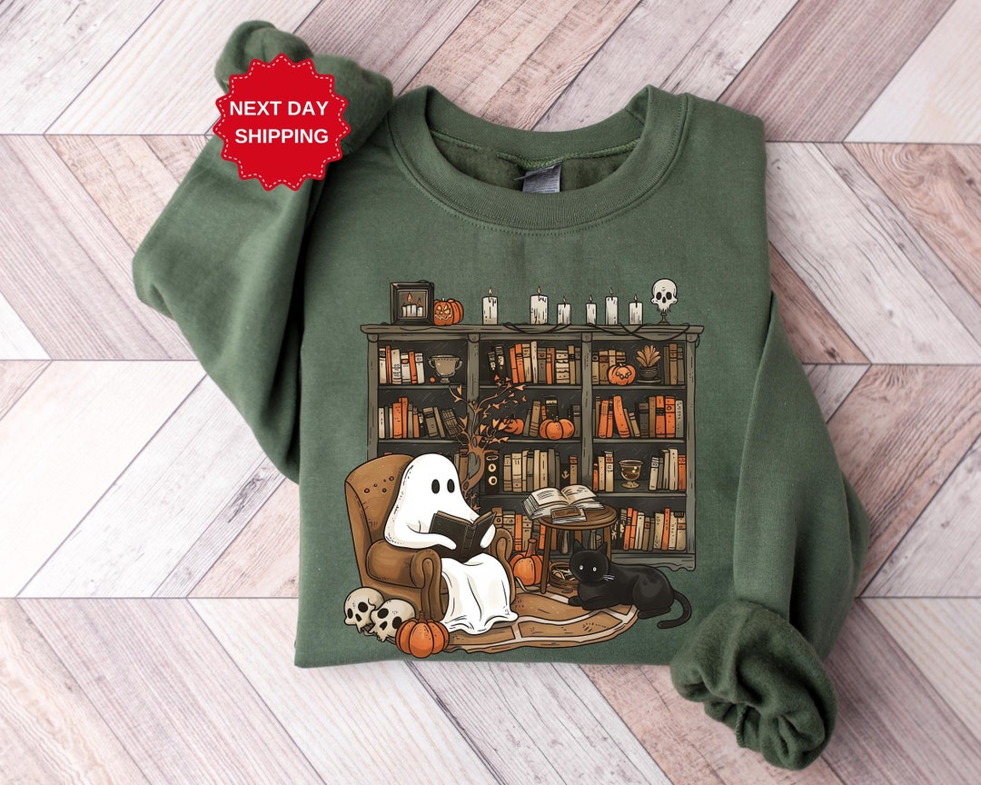 Retro Ghost Reading Books Sweatshirt, Librarian Ghost Halloween ...