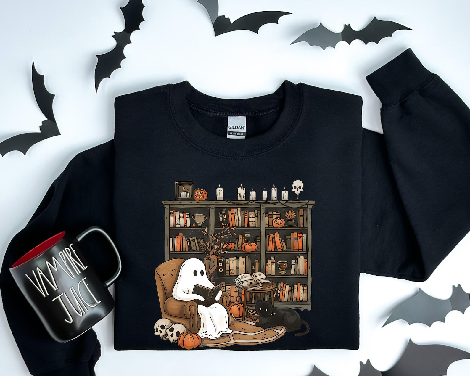 Retro Ghost Reading Books Sweatshirt, Librarian Ghost Halloween ...