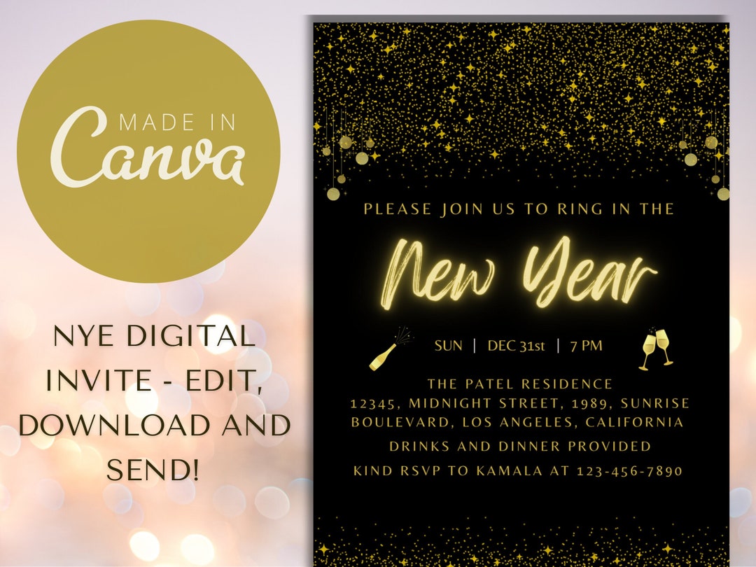 New Years Eve Party Invitation, NYE Party Invitation Template, Black ...